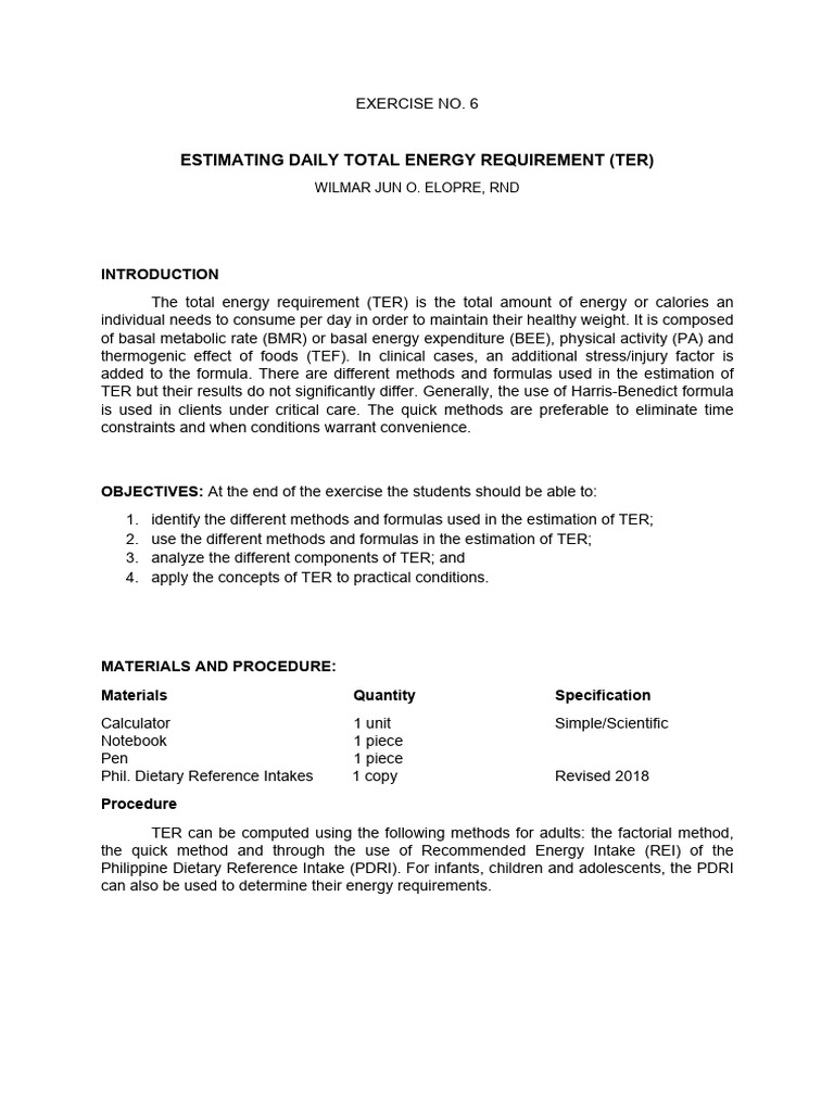 Estimating Daily Total Energy Requirement | PDF | Energy Homeostasis ...