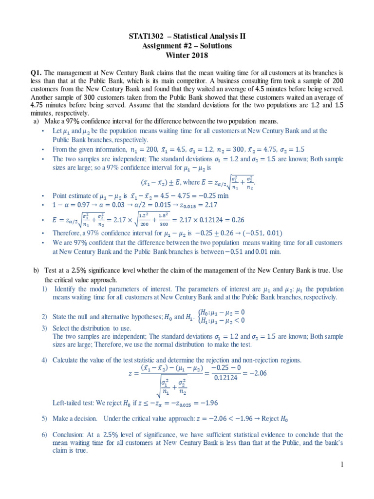 Stat1302 Assignment2 Solutions w18 | PDF | Null Hypothesis | Statistical Significance