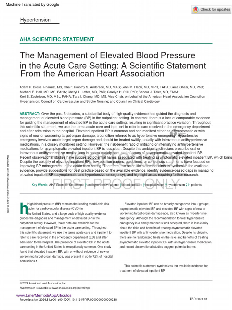The Management of Elevated Blood Pressure in The Acute Care Setting | PDF | Hypertension | Blood ...