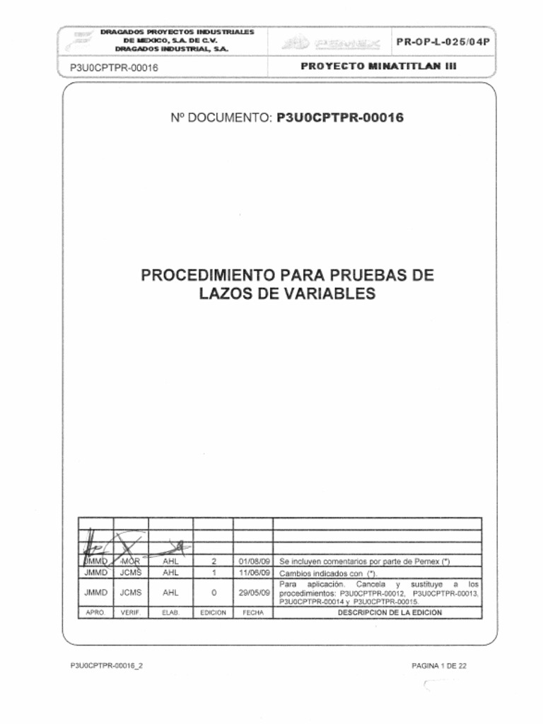 P3U0CPTPR-00016 - 2 Procedimiento para Pruebas de Lazos Variables | PDF