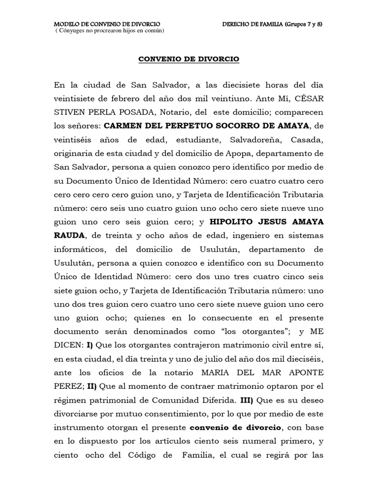 Modelo de Convenio de Divorcio | PDF | Divorcio | Instituciones sociales