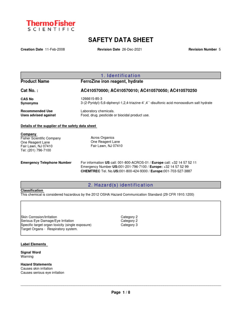 MSDS ferrozina | PDF | Personal Protective Equipment | Carbon Dioxide