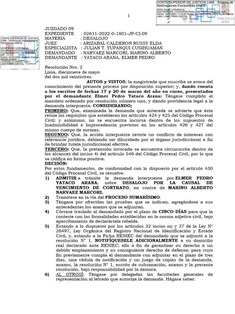 Res. 2 Yataco 2611 | PDF | Demanda judicial | Ley procesal