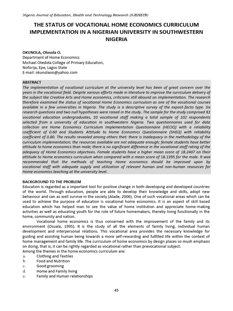 The Status of Vocational Home Economics Curriculum | PDF | Vocational ...