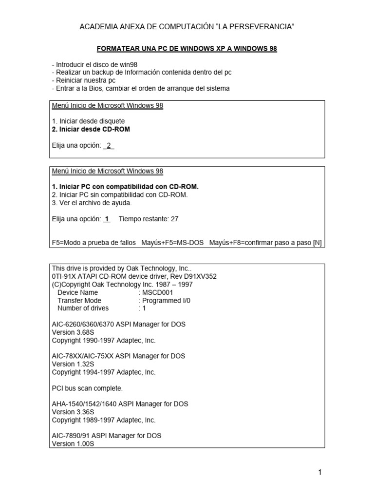 Formatear Una PC Con Windows XP A Windows 98 | PDF | Dos | Hardware de la computadora