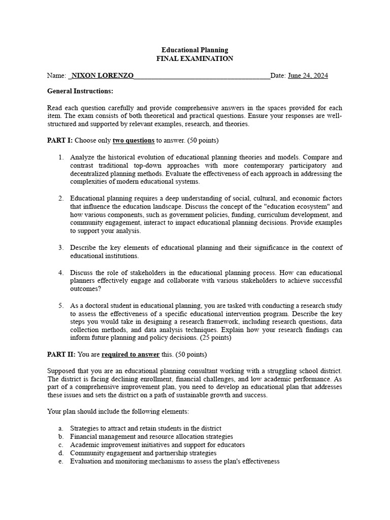 Final Exam Educational Planning | PDF | Policy | Cognition