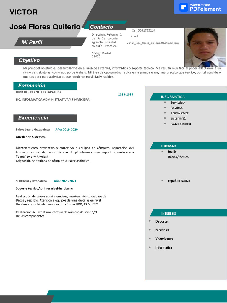 CVVictor JoséFlores Quiterio | PDF | Soporte técnico | Periférico