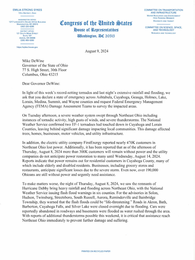 Northeast Ohio Congressional Delegation Letter To DeWine | PDF