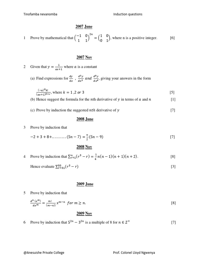 Induction Questions | PDF | Mathematical Proof | Algebra