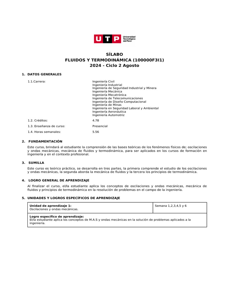 Silabo de Fluidos y Termodinámica Agosto 2024 | PDF | Oscilación | Calor