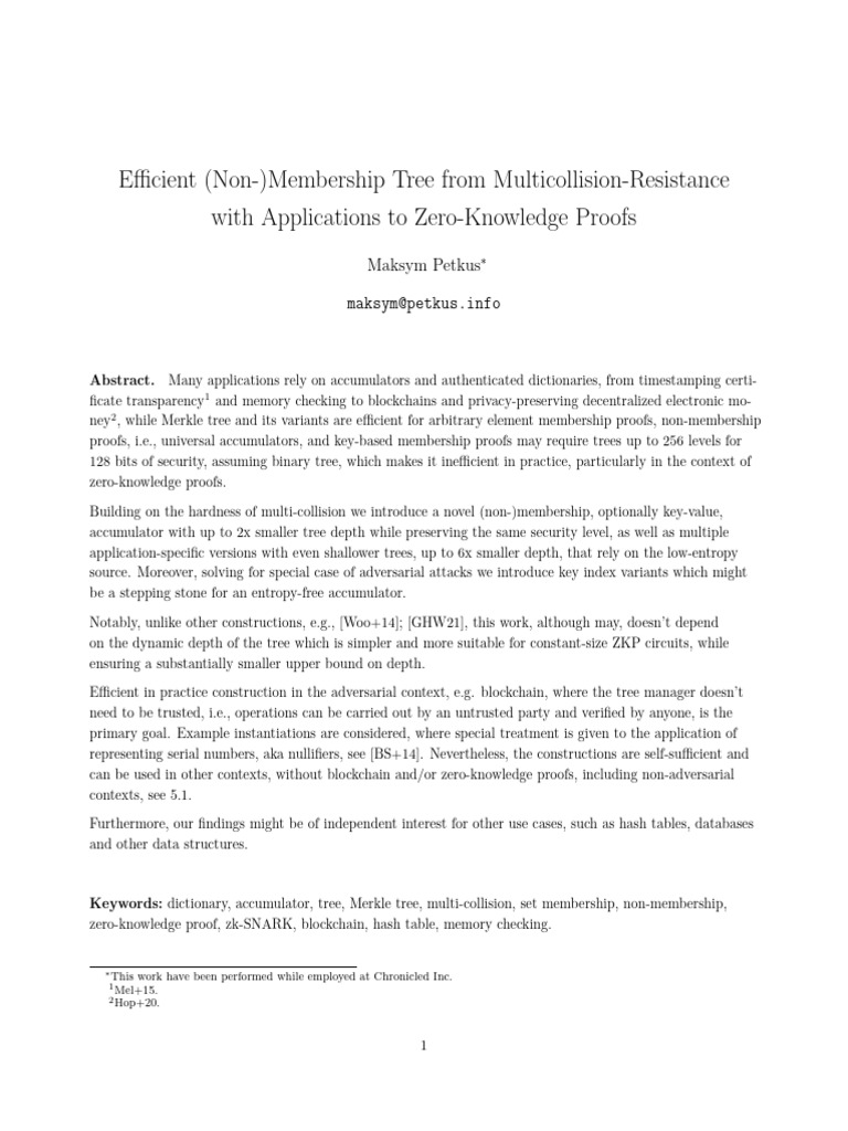 Efficient (Non-) Membership Tree From Multicollision-Resistance With Applications To Zero ...