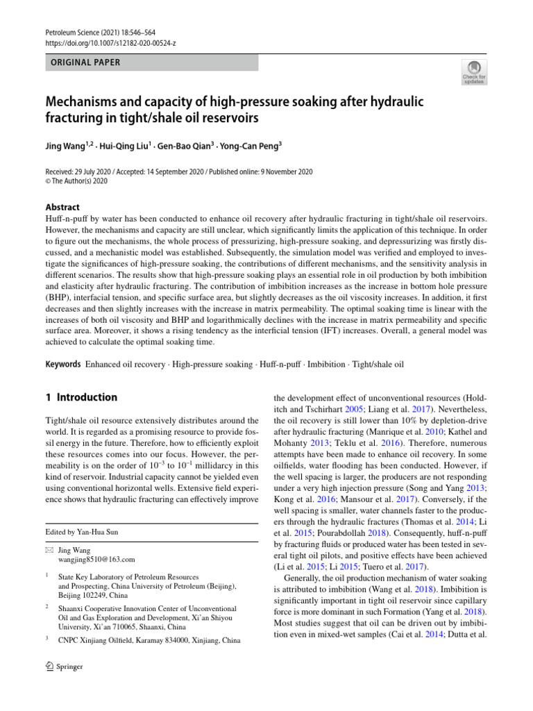 Mechanisms and Capacity of High Pressure Soaking After Hydraulic ...