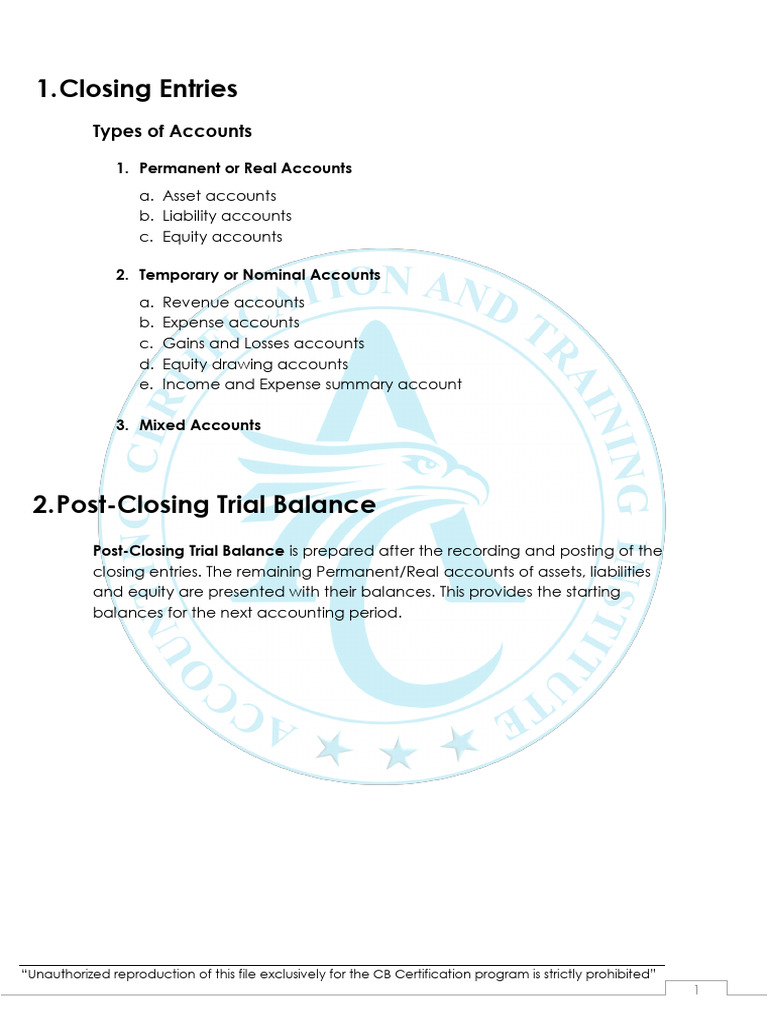 Chapter 5 - Closing Entries and Post Closing Trial Balance | PDF