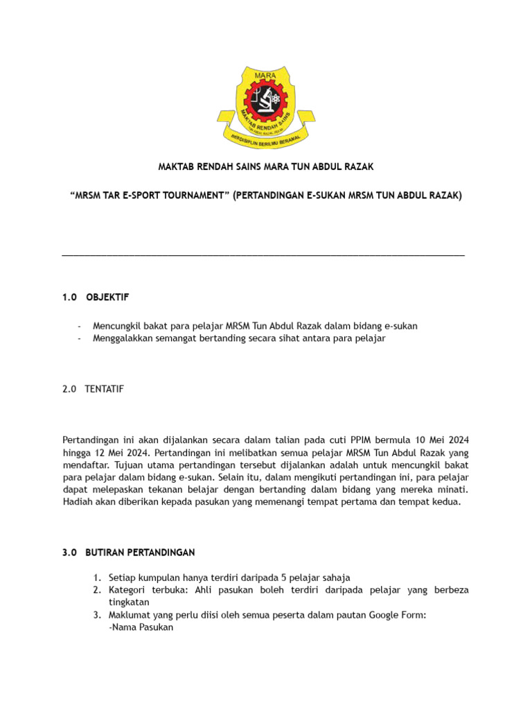 Pertandingan E-Sukan MRSM Tun Abdul Razak | PDF