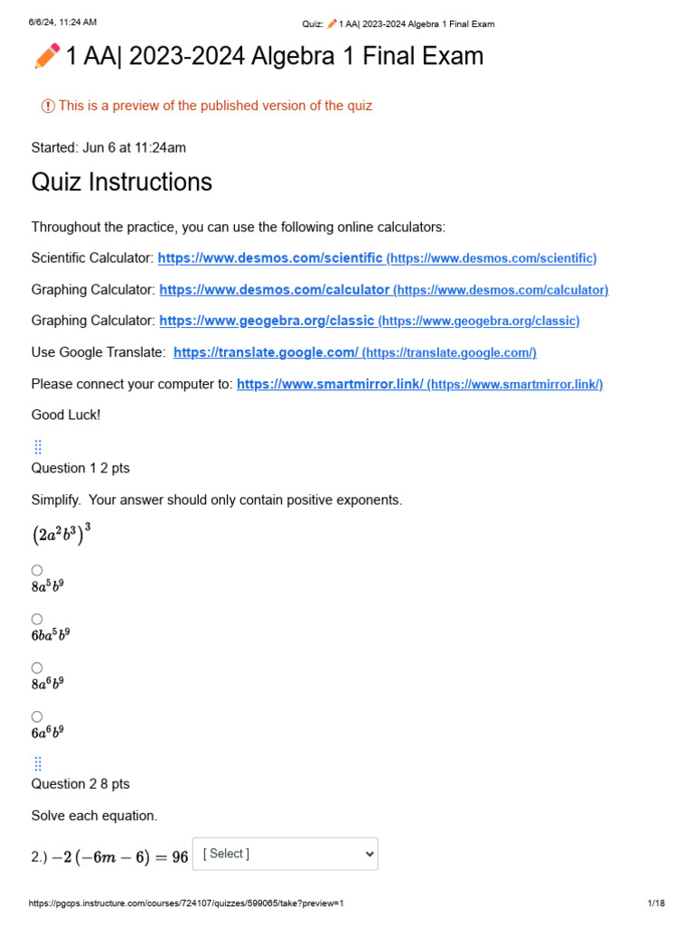 Algebra 1 Exam for Students | PDF | Algebra | Equations