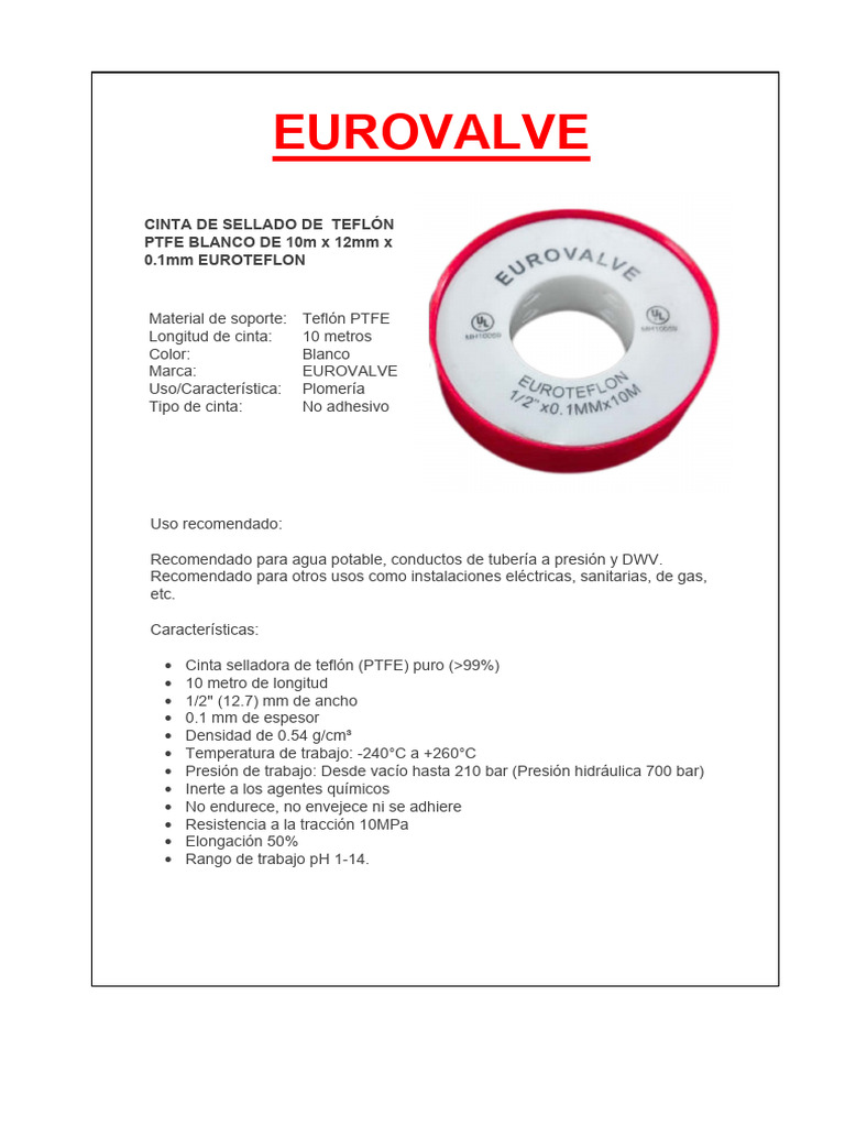 FT - Cinta Teflón EUROVALVE | PDF
