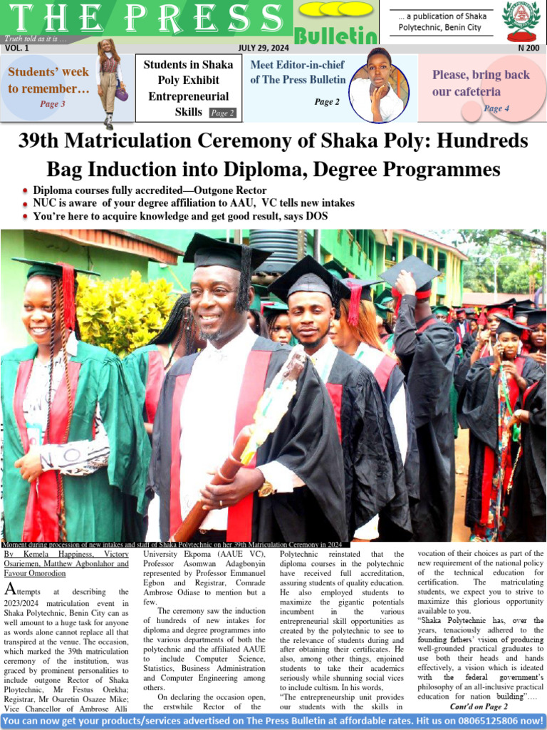 The Press Bulletin, Volume 1, Shaka Polytechnic | PDF