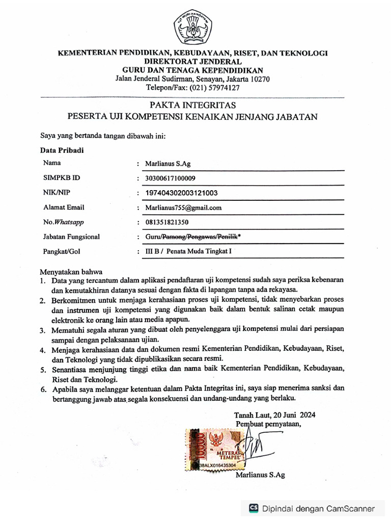 Pakta Integritas Uji Kompetensi Marlianus | PDF