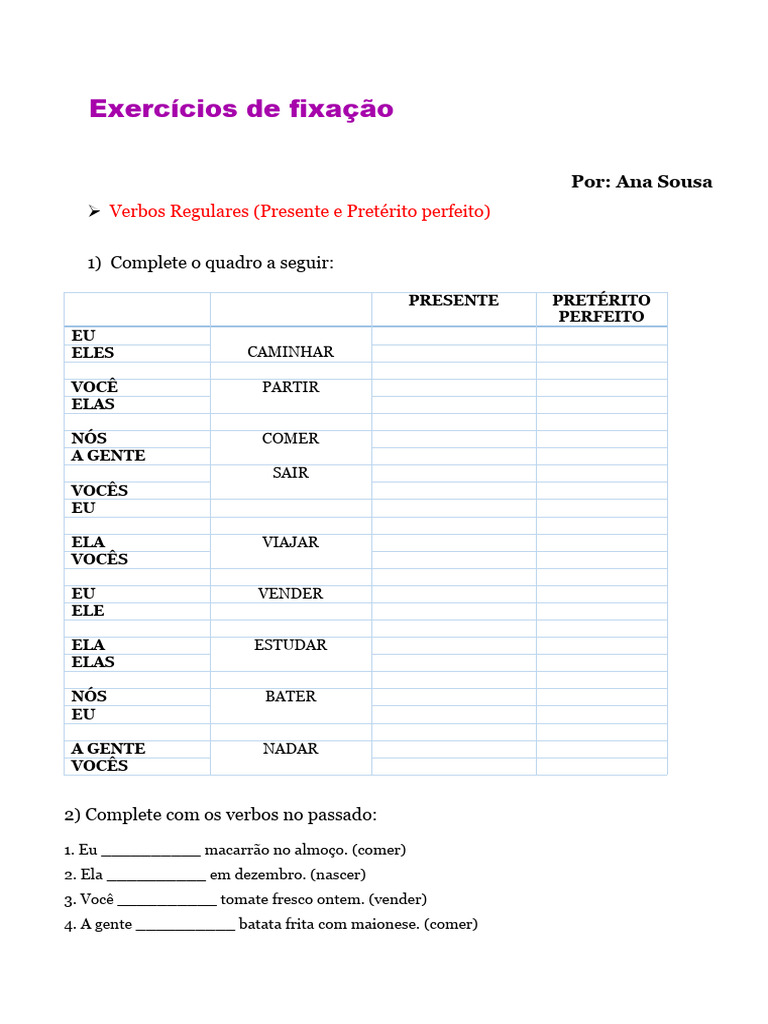 Aula 3 Pretérito Perfeito. Exercícios Regulares | PDF