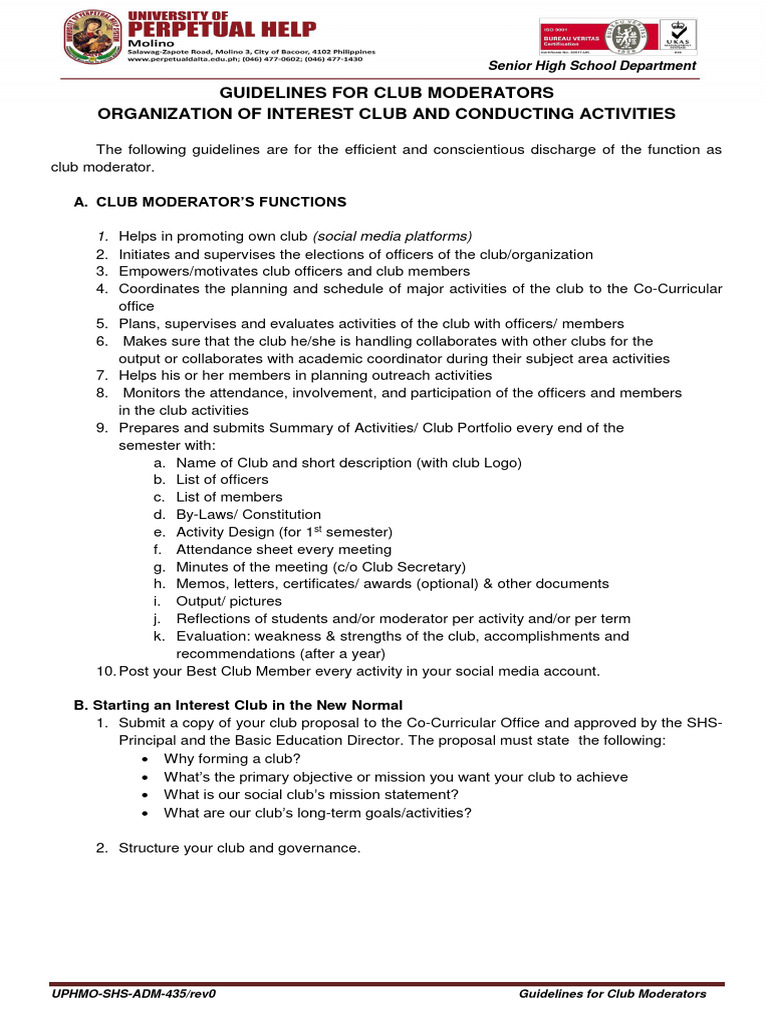 Club Moderator Guidelines for SHS | PDF | Career & Growth