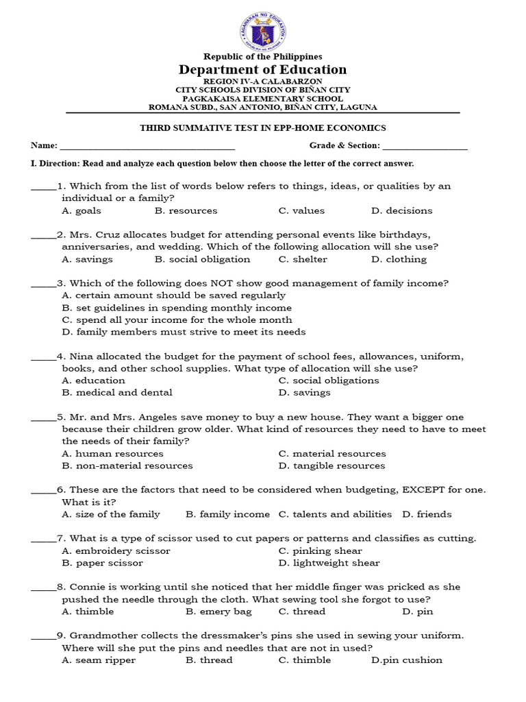 EPP-HE-SUMMATIVE TEST 3 | PDF | Sewing