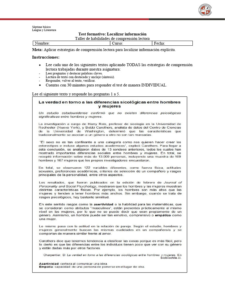 Test de Comprensión Lectora Séptimo Básico | PDF | Comprensión lectora ...