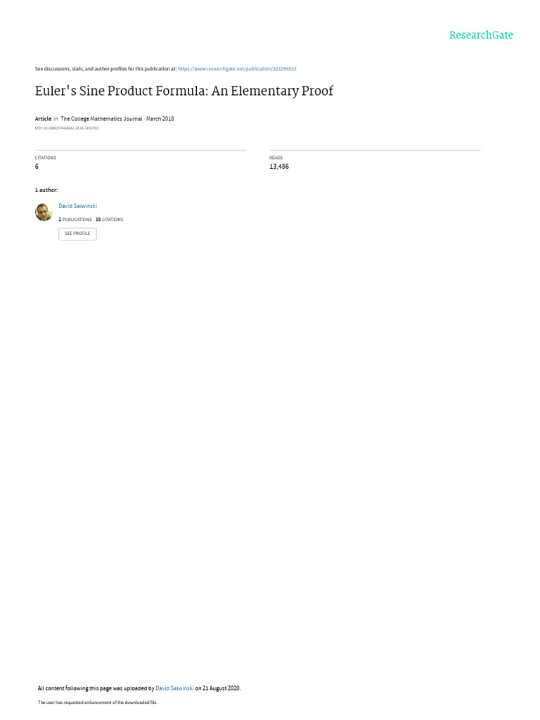 Eulers Sine Product Formula | PDF | Trigonometric Functions | Mathematics