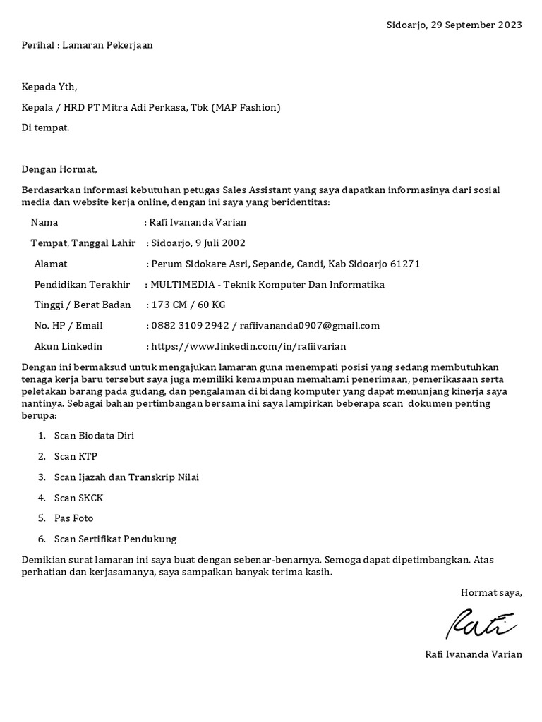 Surat Lamaran Kerja PT Mitra Adi Perkasa (MAP Fashion) | PDF | Karier & Perkembangan