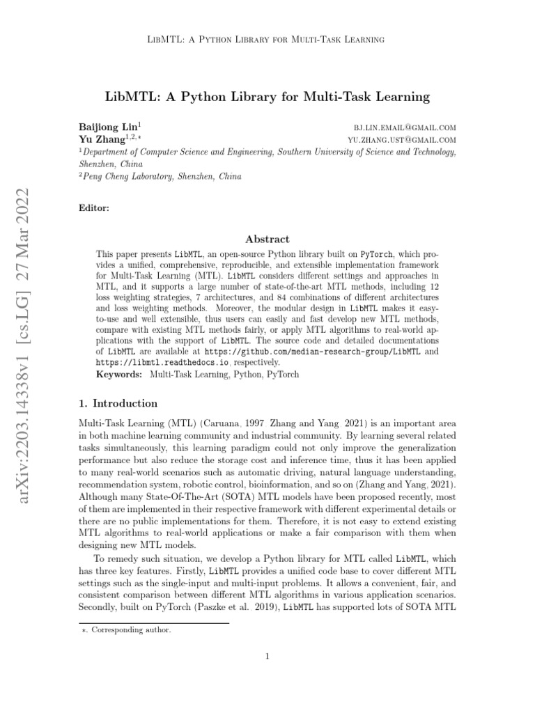 LibMTL - Pytorch Library For MTL - March 2022 | PDF | Artificial Neural Network | Python ...