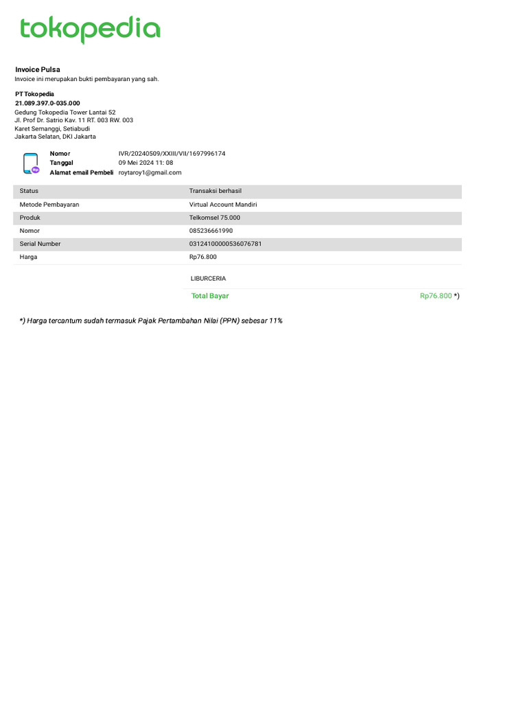 Invoice Pulsa Tokopedia 09 Mei 2024 | PDF
