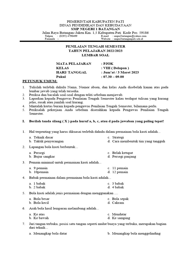 Soal PTS PJOK Kelas VIII SMP 2023 | PDF
