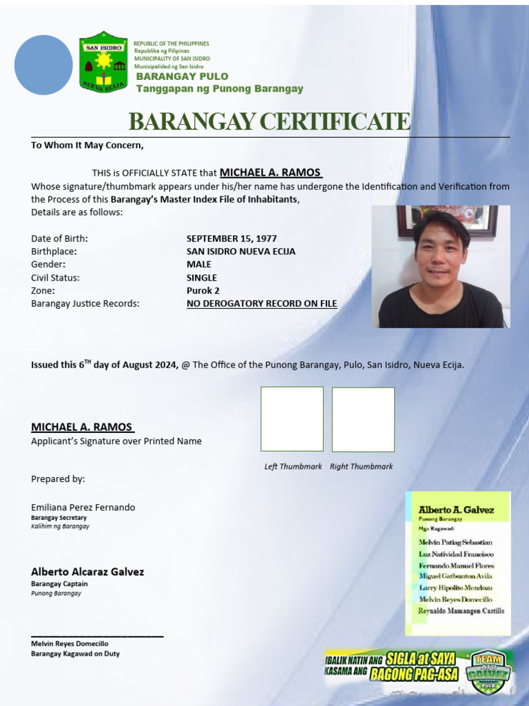 Barangay Certificate for Michael A. Ramos | PDF