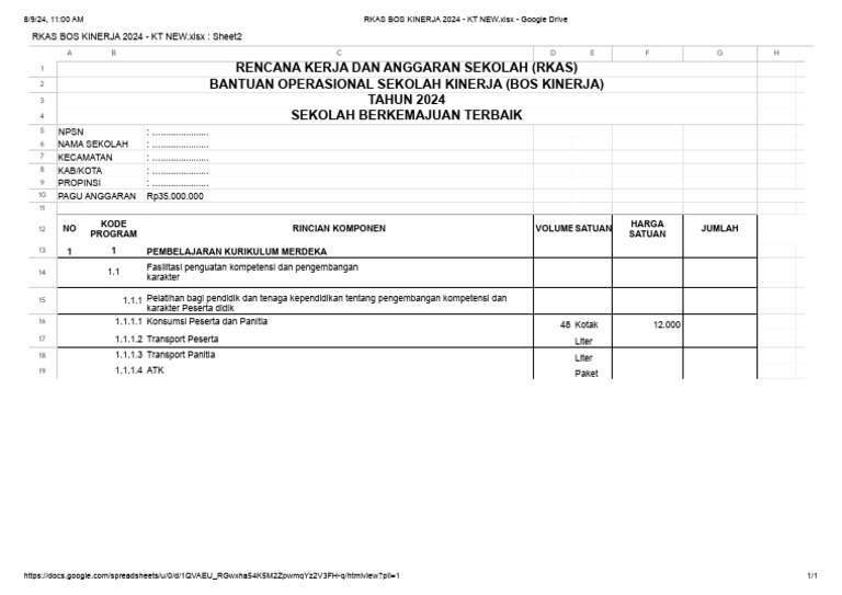 RKAS BOS KINERJA 2024 - KT NEW - XLSX - Google Drive | PDF