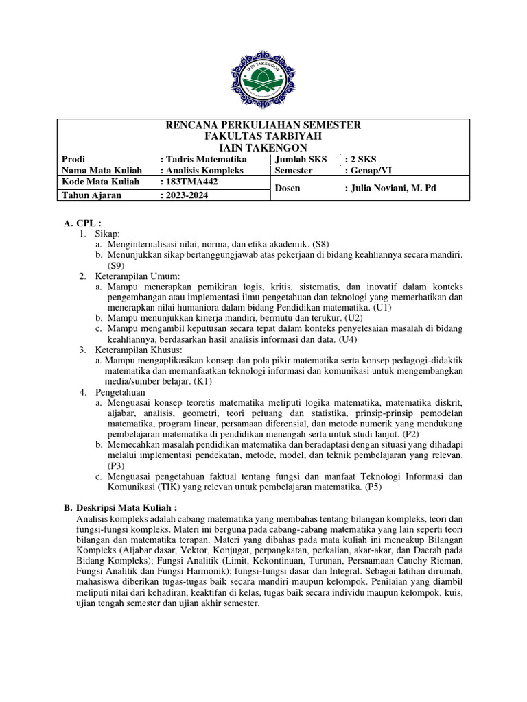 Rencana Perkuliahan Semester Analisis Kompleks | PDF