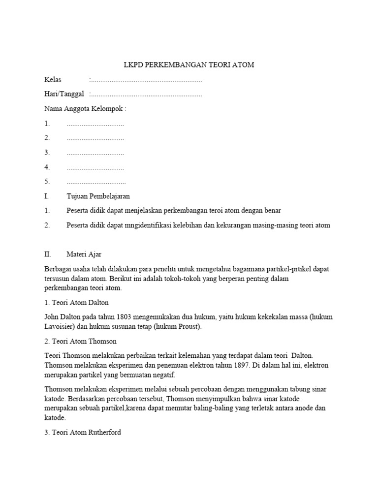 LKPD Perkembangan Teori Atom 2024 | PDF