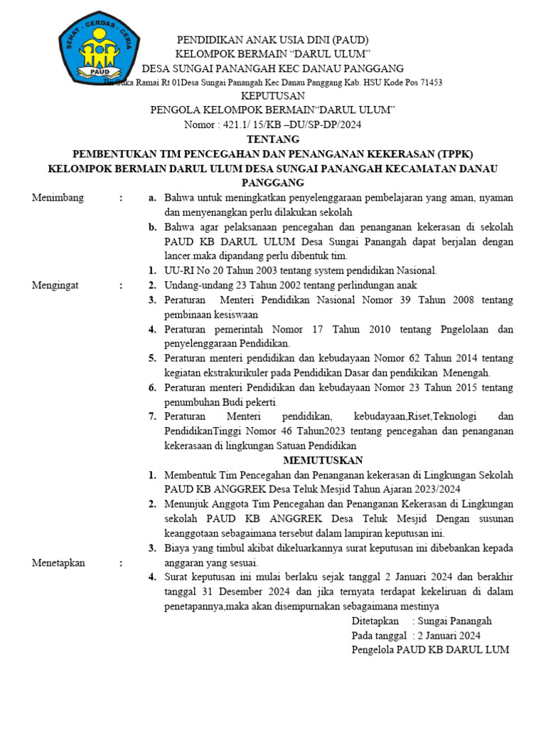 Surat Pembentukan TPPK Paud | PDF