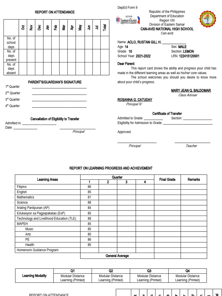 Maryjean - Report Card-10 Lemon | PDF