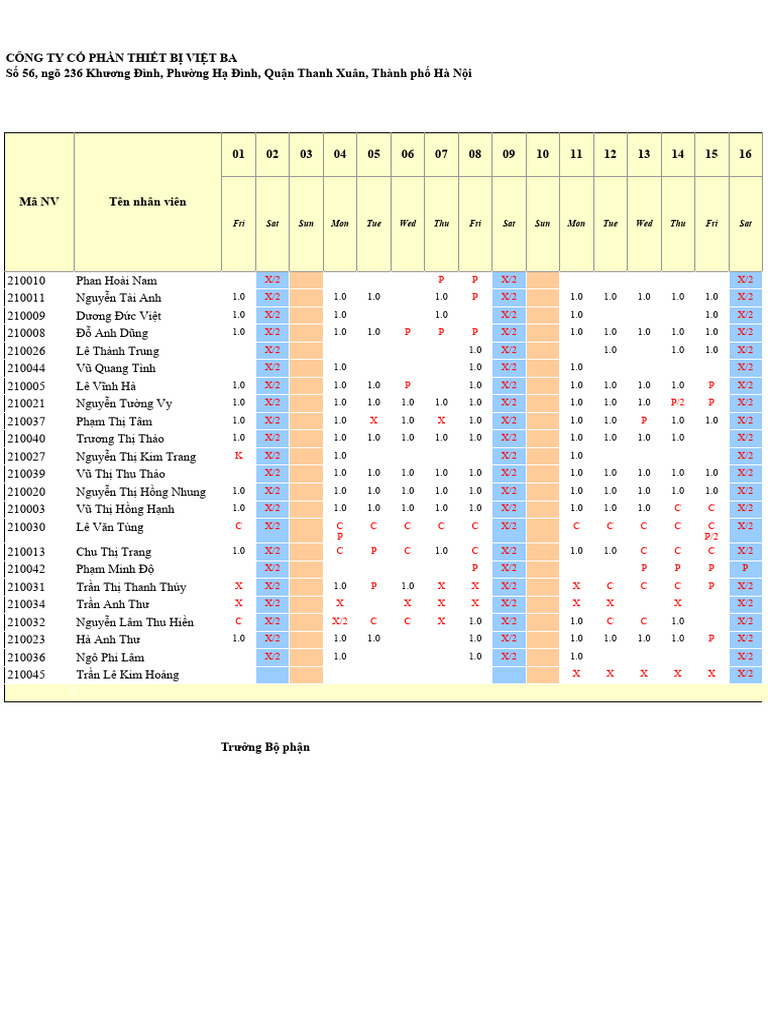 Bảng Chấm Công Việt Ba T03.2024 | PDF
