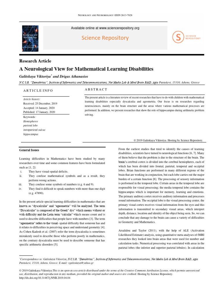 A Neurological View For Mathematical Learning Disabilities - NNB 2019 4 ...