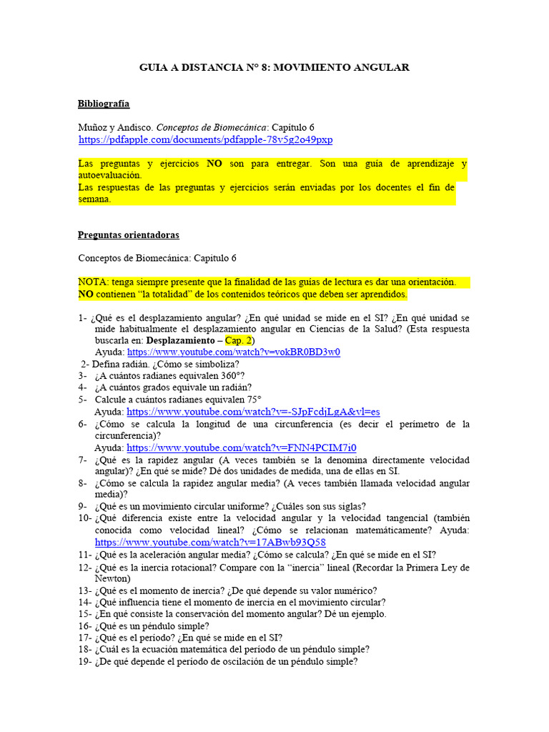 Guía 8 Movimiento Angular | PDF | Péndulo | Velocidad