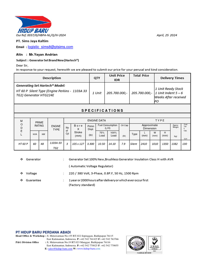 (240425) 0037Q.NL. Genset 60 Perkins Silent Type | PDF | Electrical Engineering | Electricity