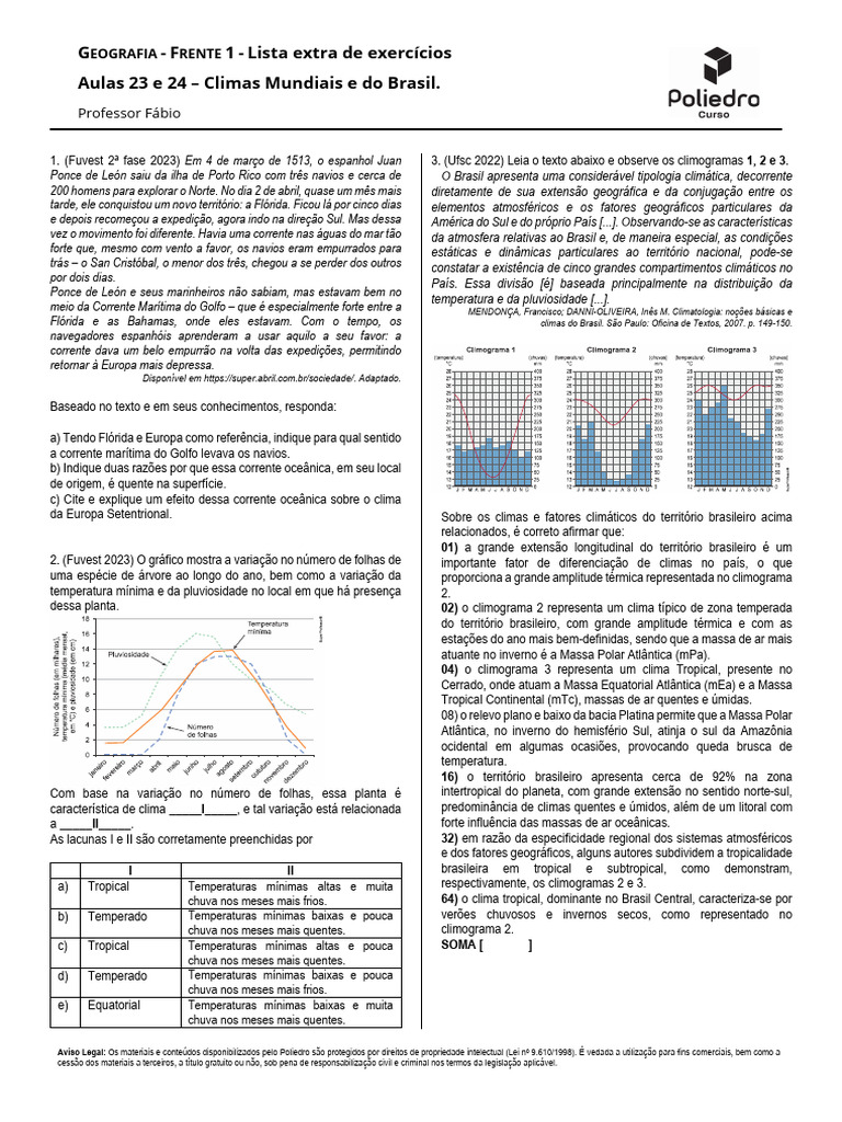 Geo1 Lista Aulas 23 e 24 | PDF | Clima temperado | Chuva