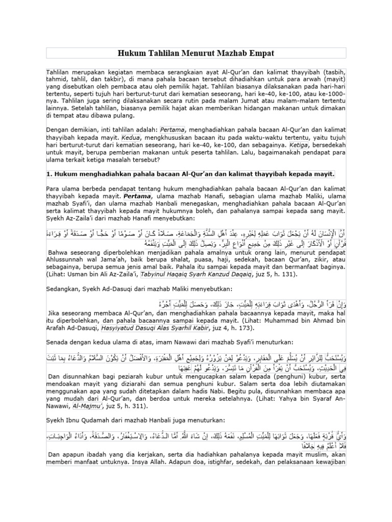 Hukum Tahlilan Menurut Mazhab Empat | PDF