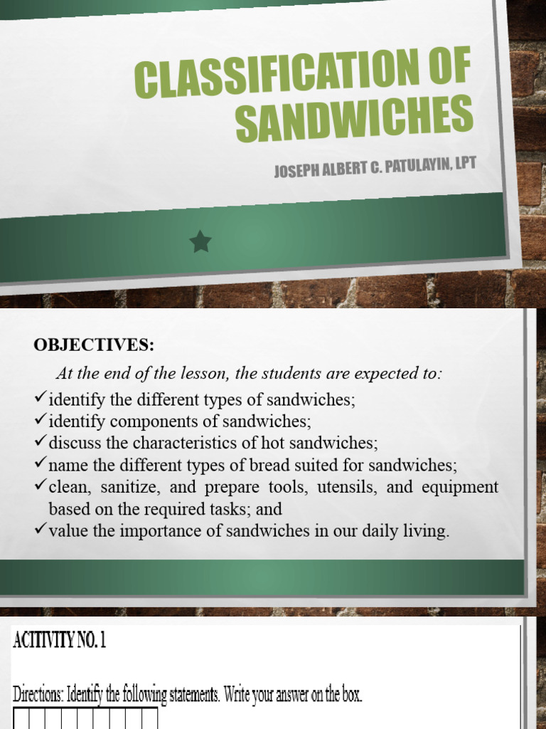 Lesson 7 Classification of Sandwiches | PDF | Sandwich | Breads