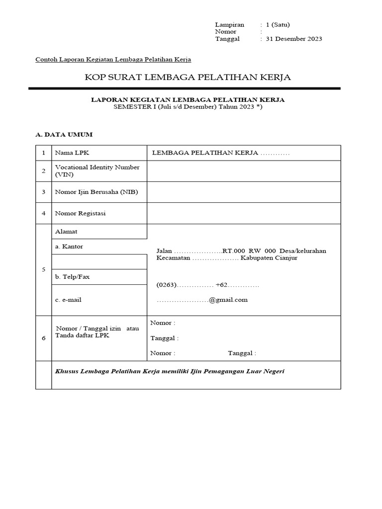 Format Laporan LPK Semester II 2023 | PDF