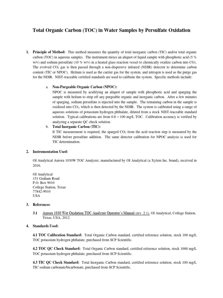 TOC Persulfate Method Summary 2017 | PDF | Total Organic Carbon ...