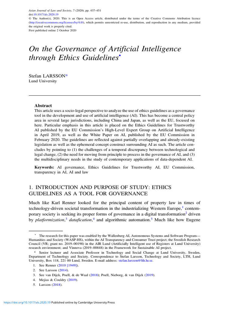 On The Governance of Artificial Intelligence Through Ethics Guidelines ...