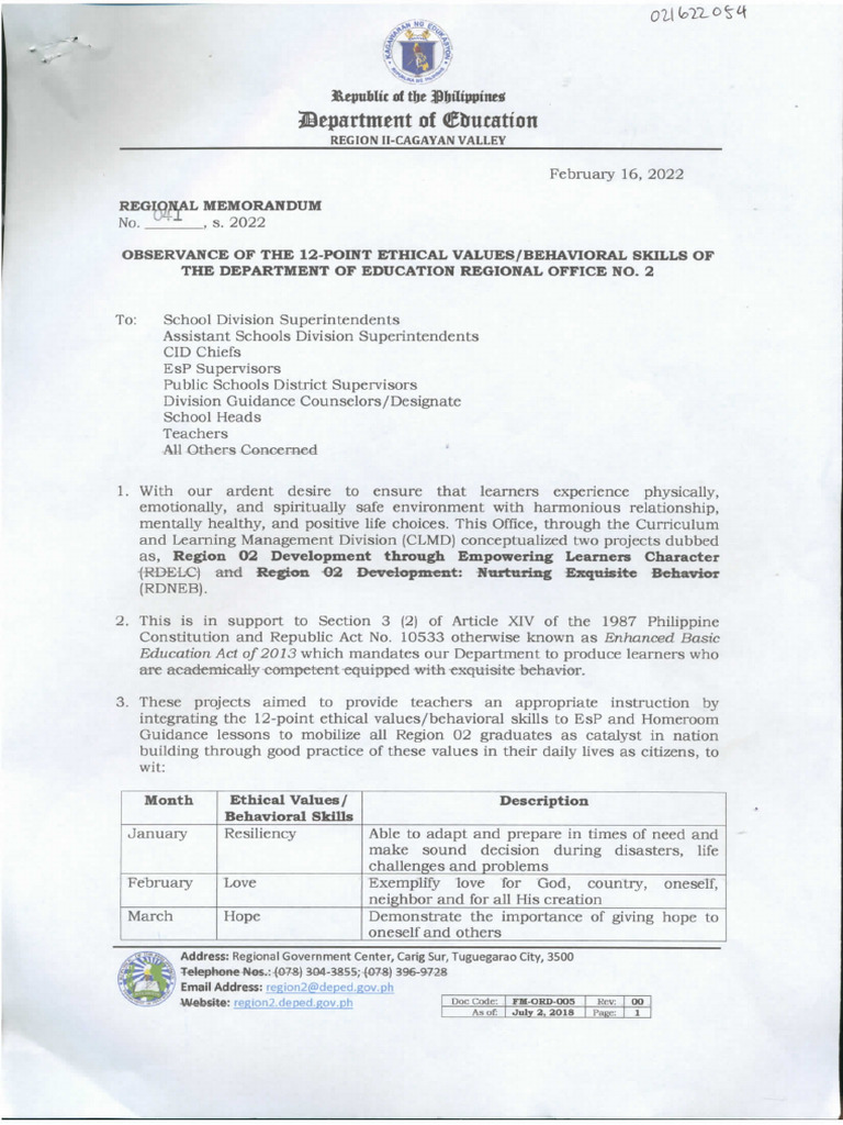 RM. No. 041 S. 2022 OBSERVANCE OF THE 12 POINT ETHICAL VALUES BEHAVIORAL SKILLS OF THE ...