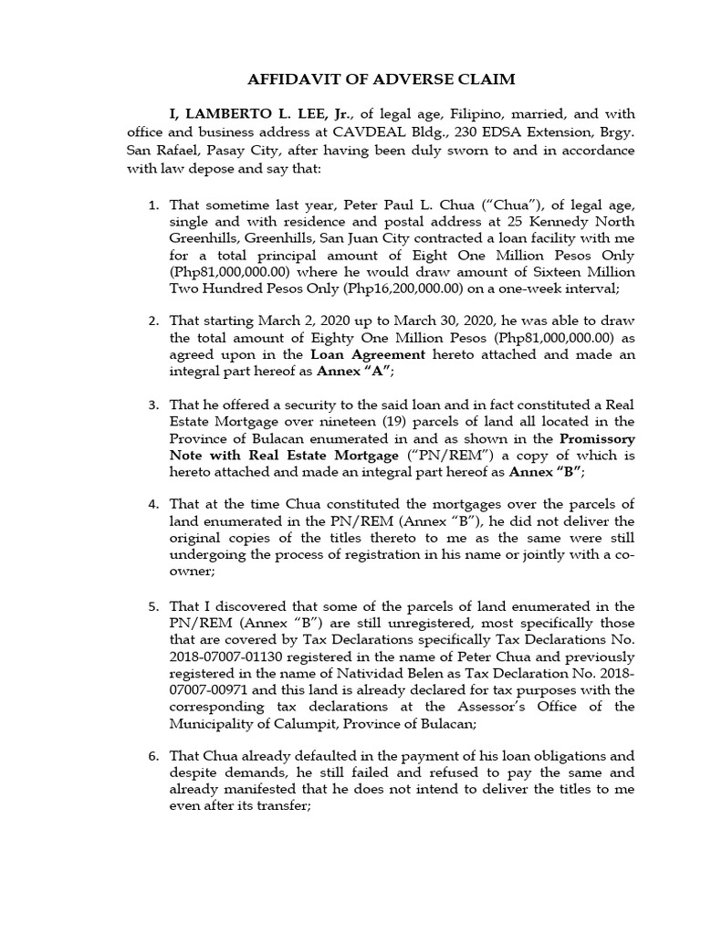 Affidavit of Adverse Claim on Mortgage | PDF | Affidavit | Common Law