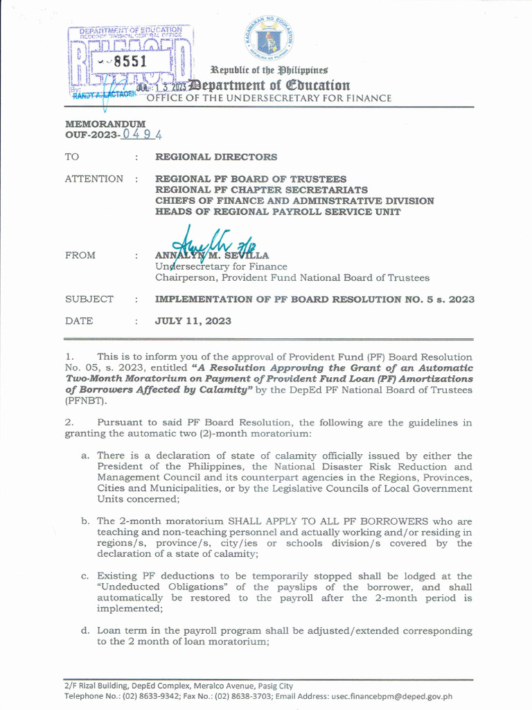 OUF 2023 0494 Re Implementation of PF Board Resolution No. 5 S. 2023 | PDF